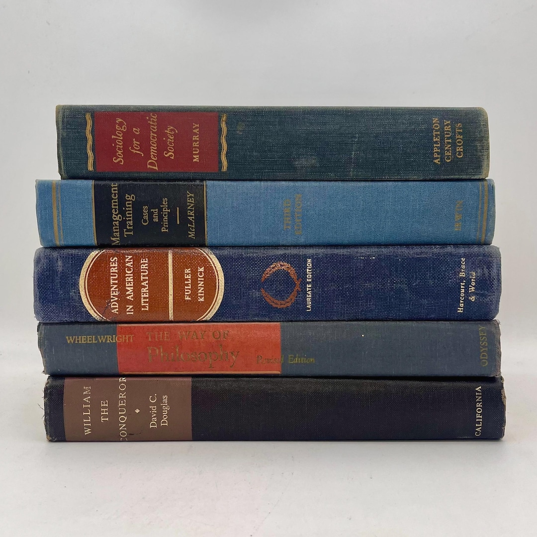 Decorative Book Stack of 5 Navy & Burgundy College Textbooks From 1950 ...