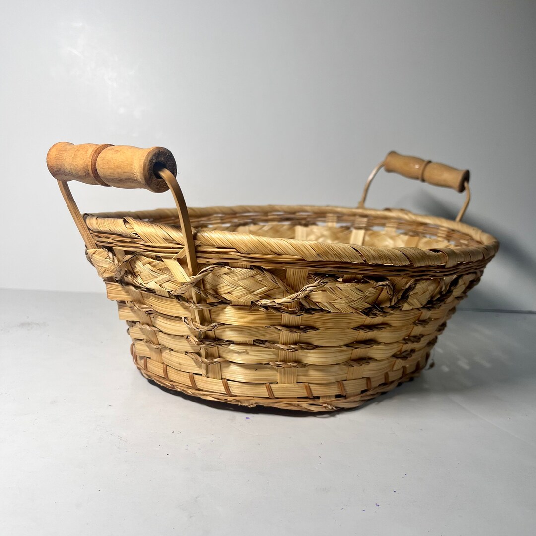 Circular Woven Beige Basket With Two Wooden Handles for Country Home ...