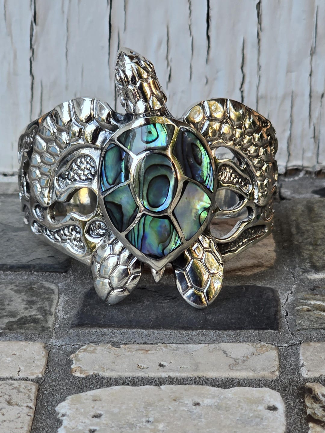 Large Bold Sterling Silver Turtle Cuff Bracelet With Abalone Shell ...
