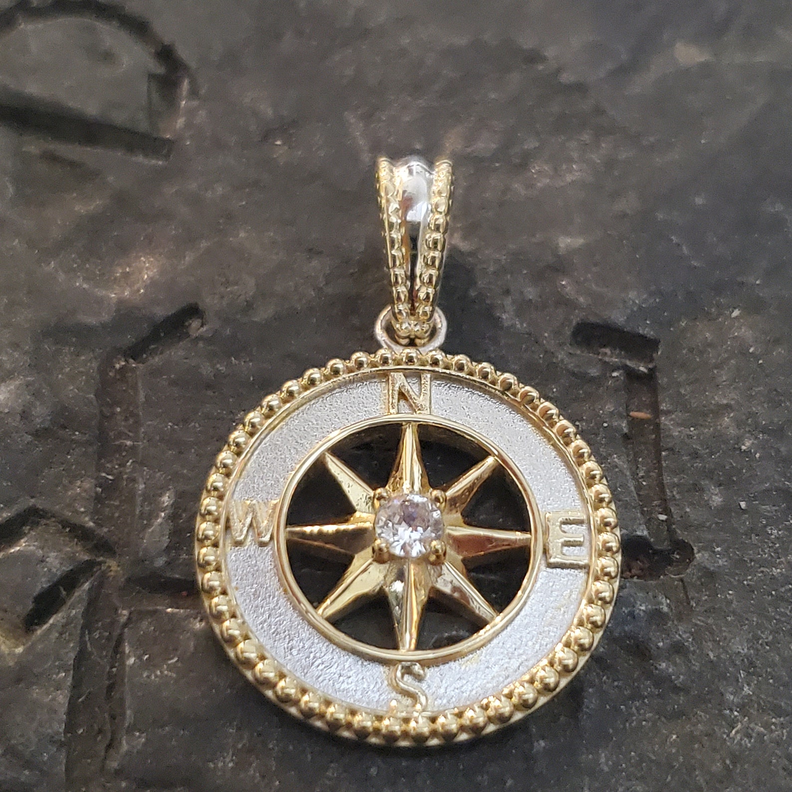 Sterling Silver and 14kt Gold Overlay Compass Pendant With White ...