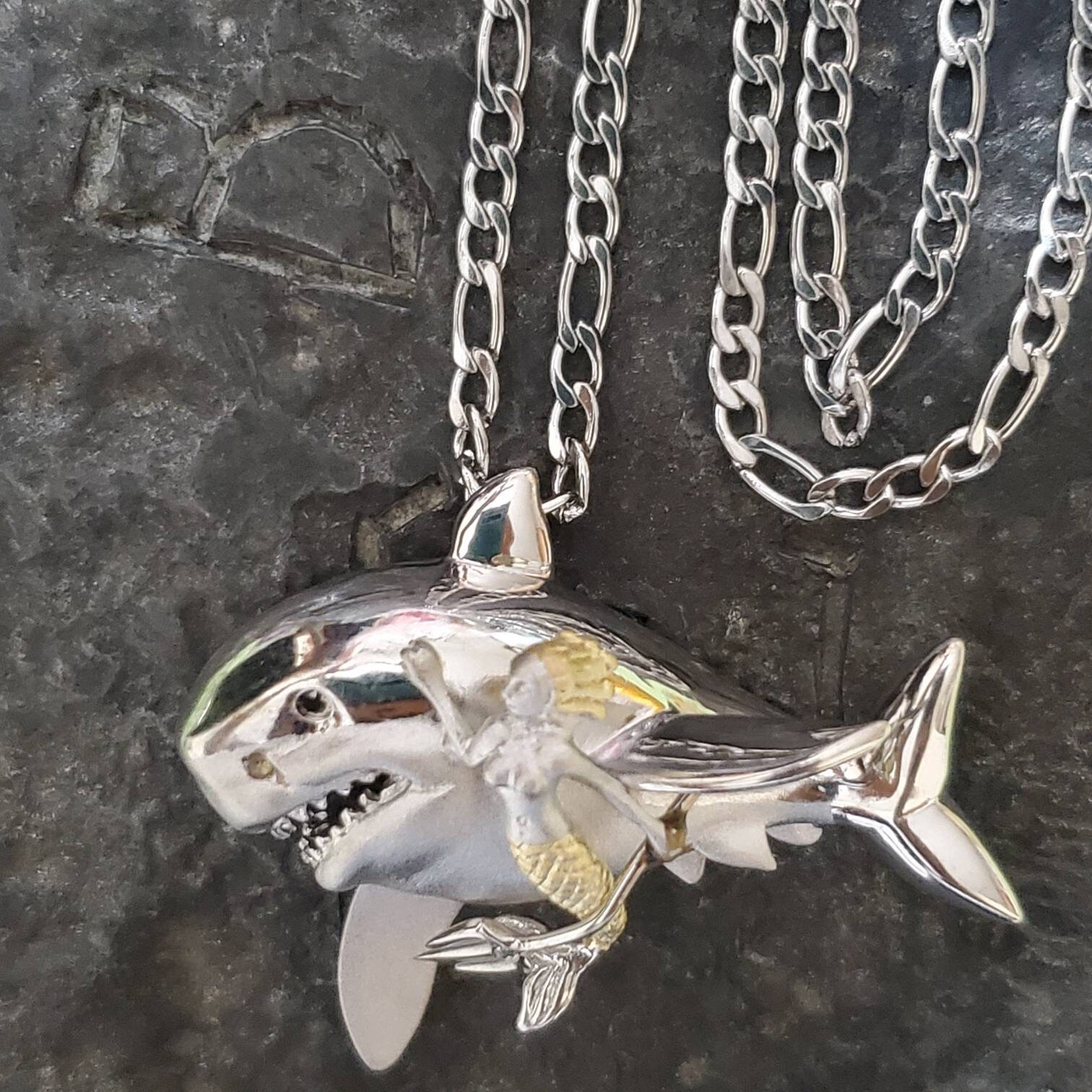 Sterling Silver Shark & Mermaid Necklace, Teal Topaz Trident - Etsy