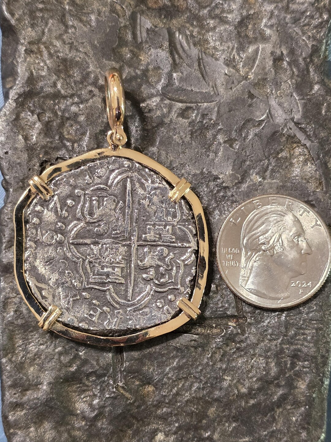 Large BIG Eight Reale Odd Shaped Atocha Coin Pendant Solid 14kt Gold ...