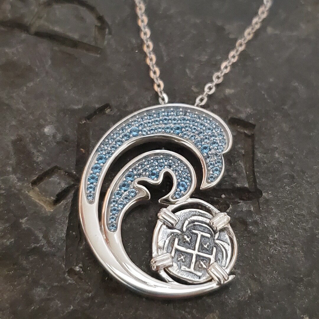 Atocha Silver Wave Coin Silver Pendant Blue Topaz Setting Shipwreck ...