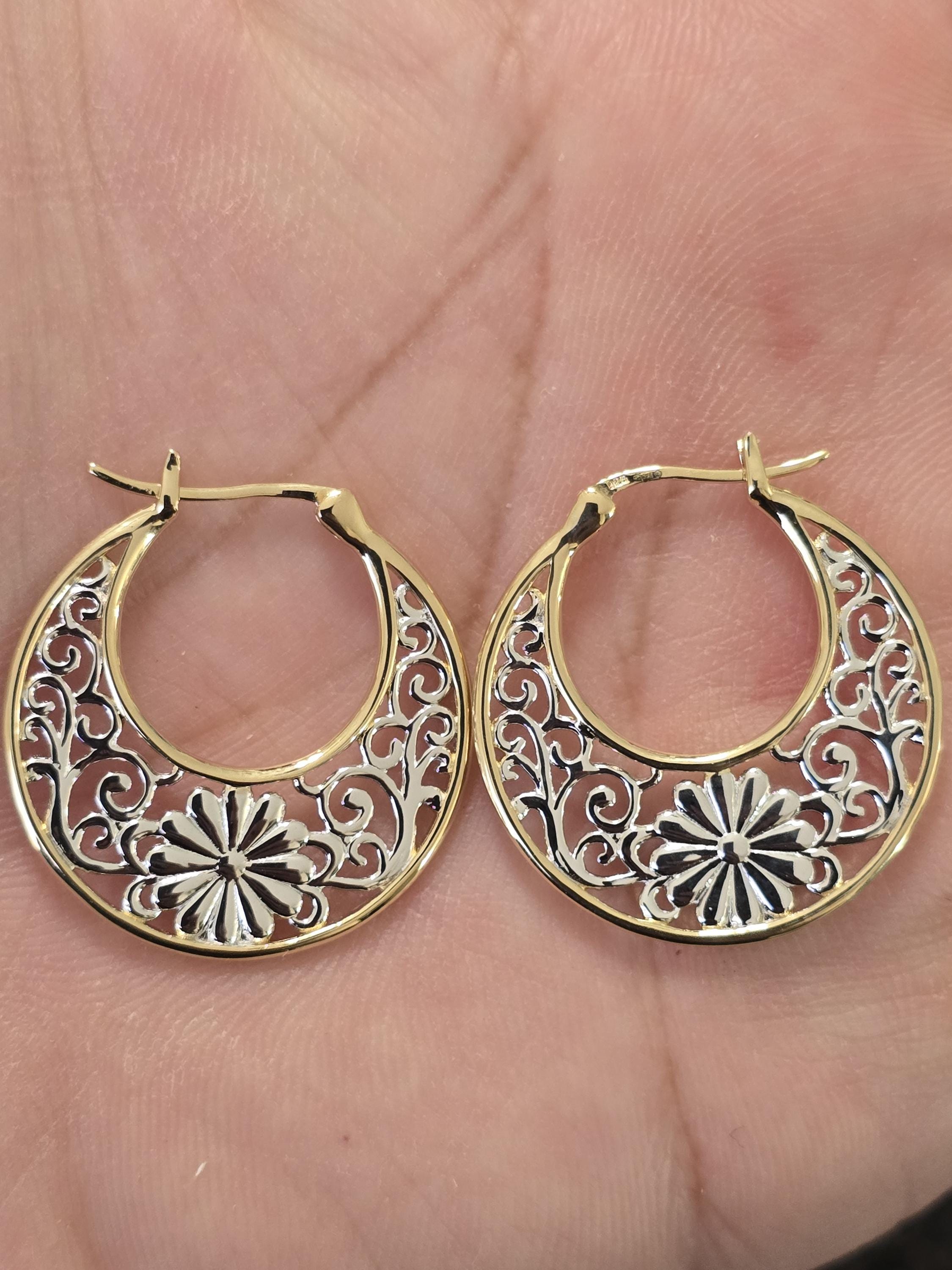 Handmade Sterling Silver Cuban Hoop Earrings: 14kt Gold Vermeil Flower ...