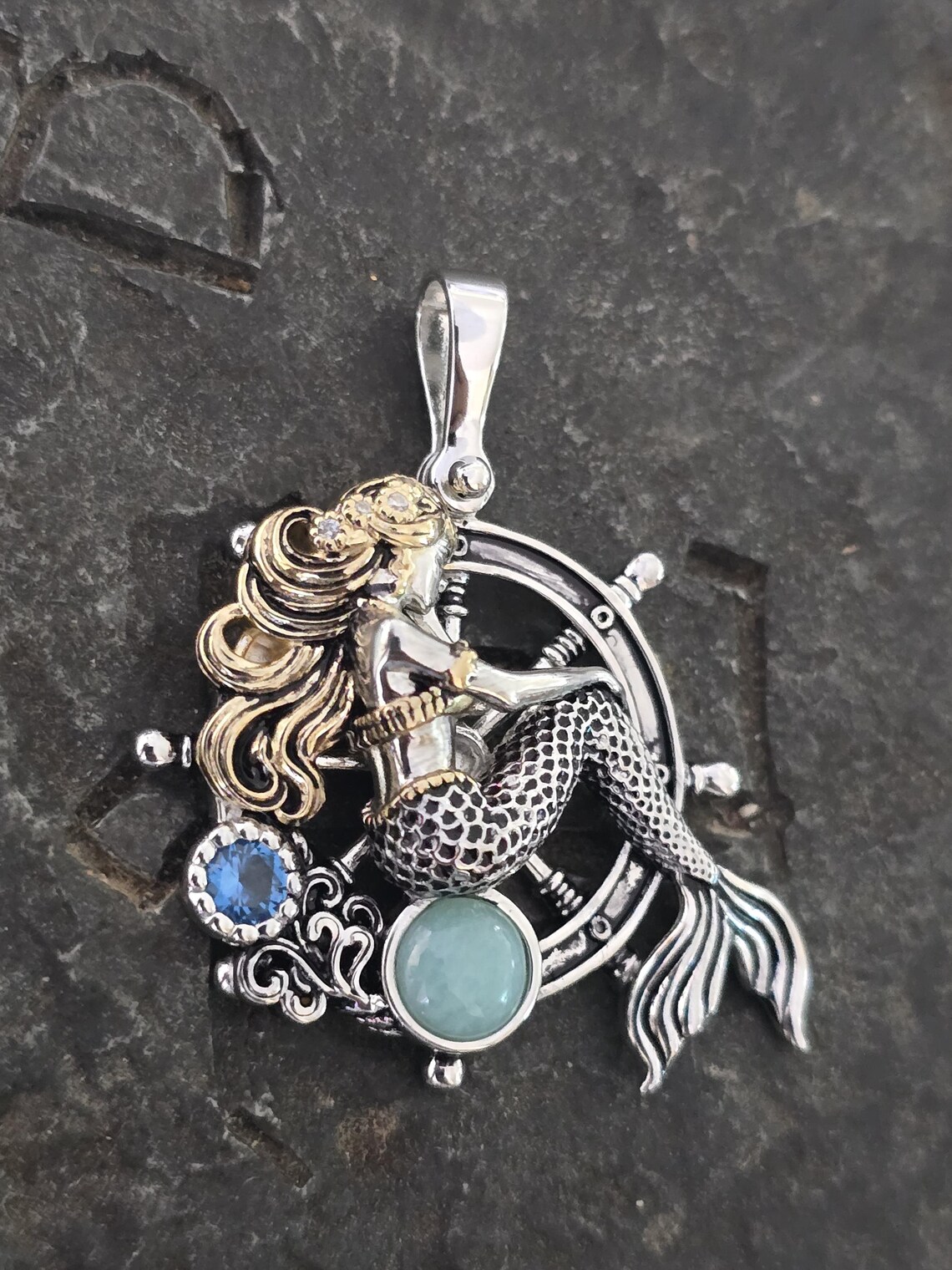 Sterling Silver Mermaid With Larimar Pendant Ships Wheel Nautical ...