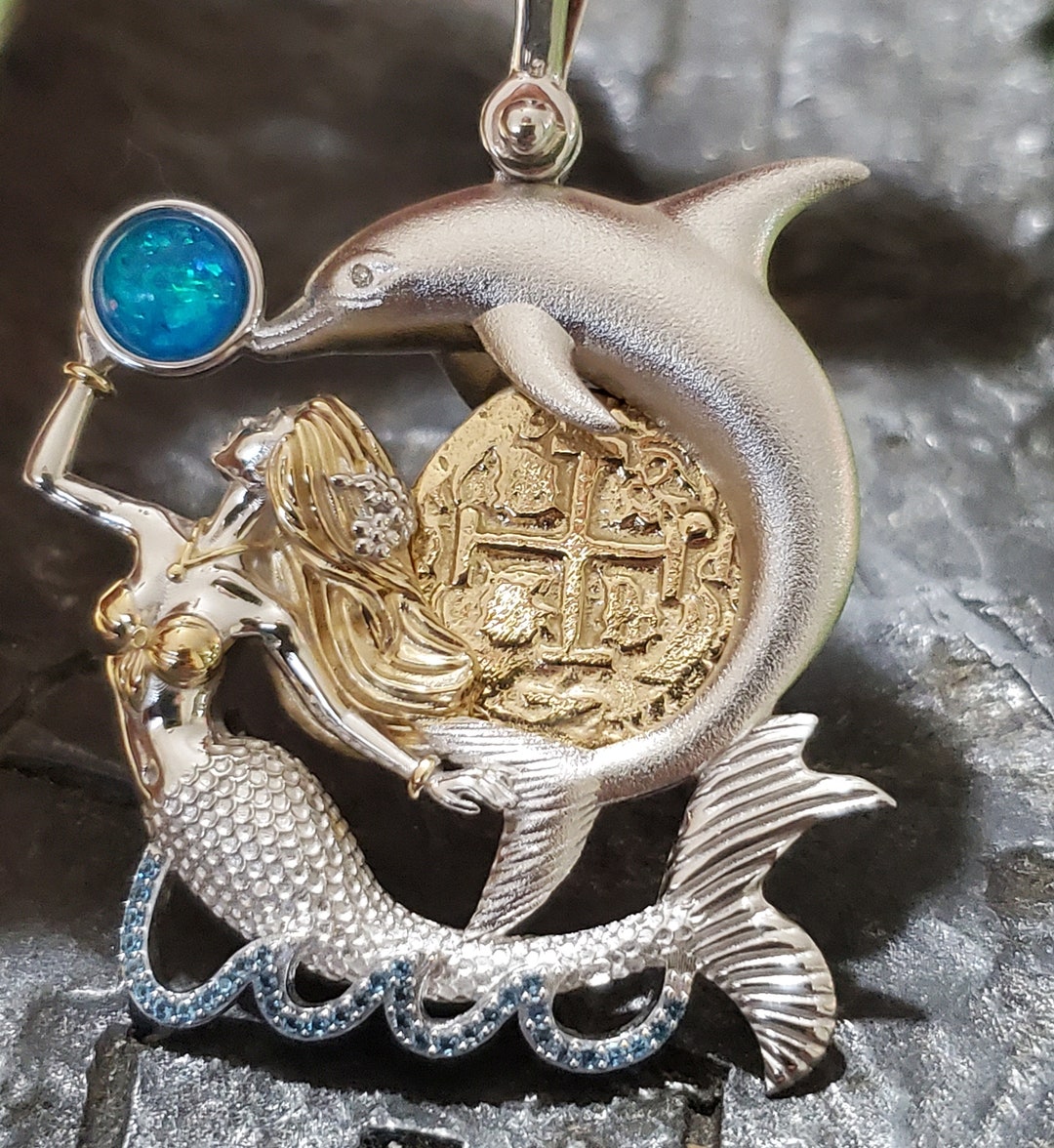 Atocha Mermaid and Dolphin Coin With Opal and Blur Topaz Pendant ...