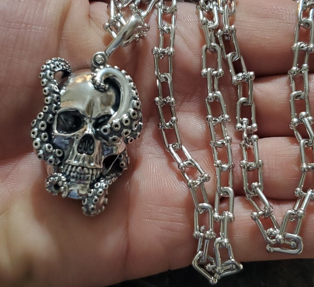 Large Skull Octopus Pendant With Sterling Silver Shackle Chain Biker ...