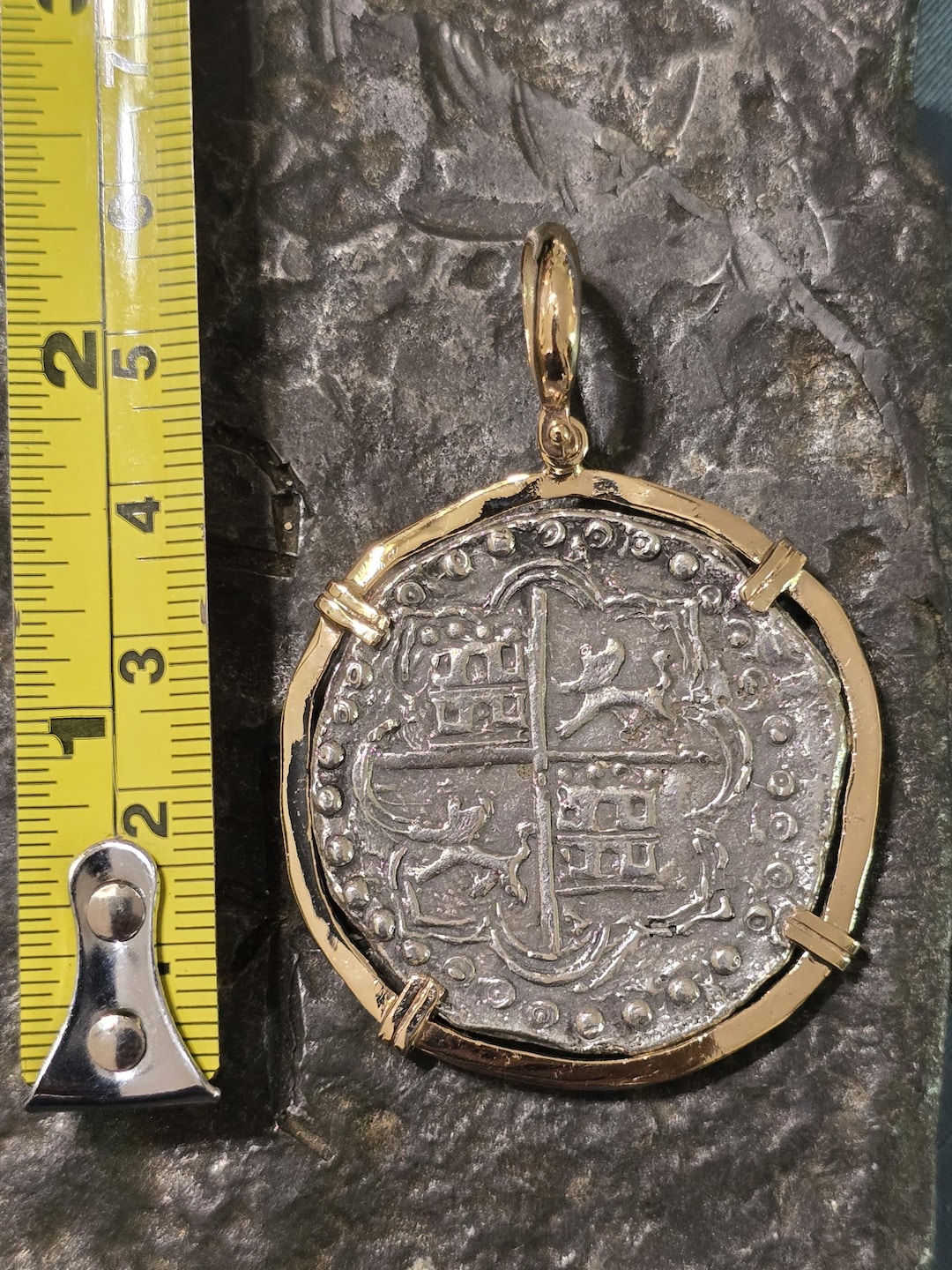 Large BIG Eight Reale Atocha Coin Pendant Solid 14kt Gold Bezel Silver ...
