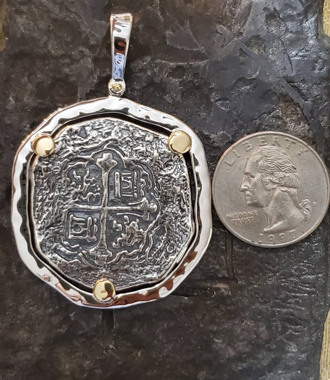 Big Atocha Coin Pendant With Hammered Style Bezel Shipwreck Sunken ...