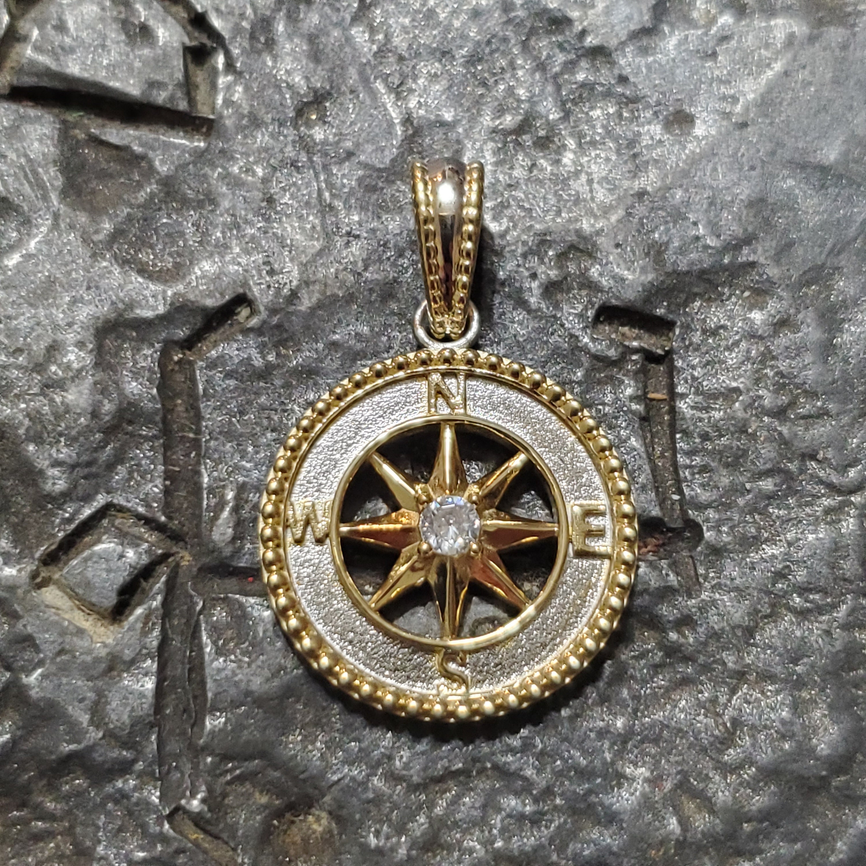 Sterling Silver and 14kt Gold Overlay Compass Pendant With White ...