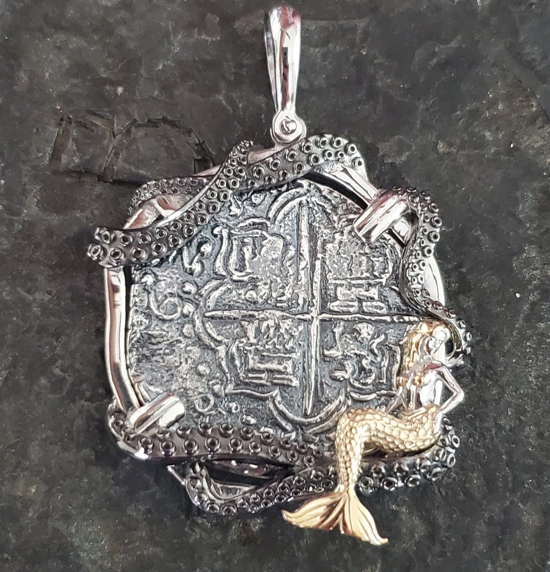 Large Atocha Mermaid Custom Bezel Shipwreck Sunken Treasure Coin Black ...