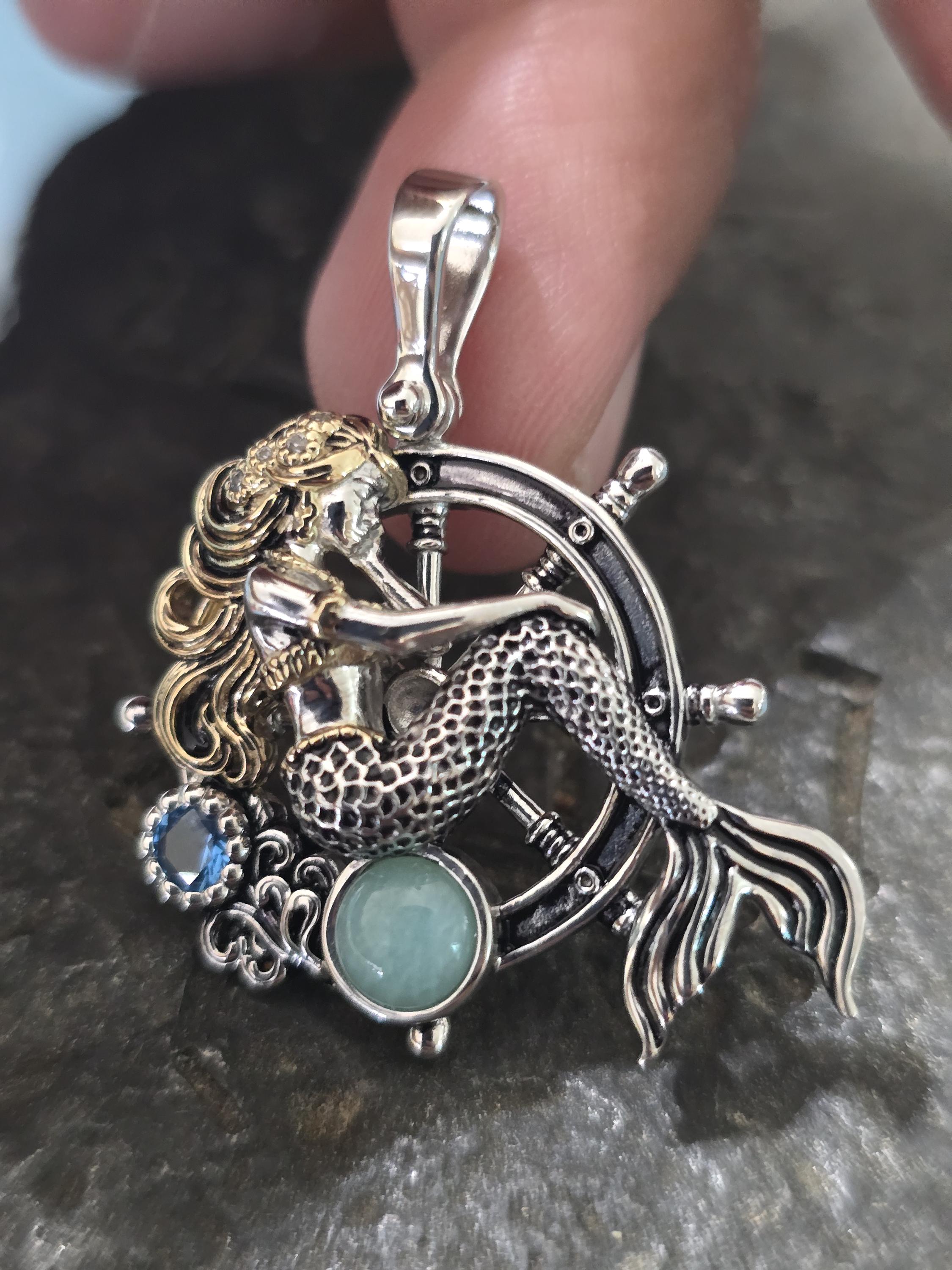 Sterling Silver Mermaid With Larimar Pendant Ships Wheel Nautical ...