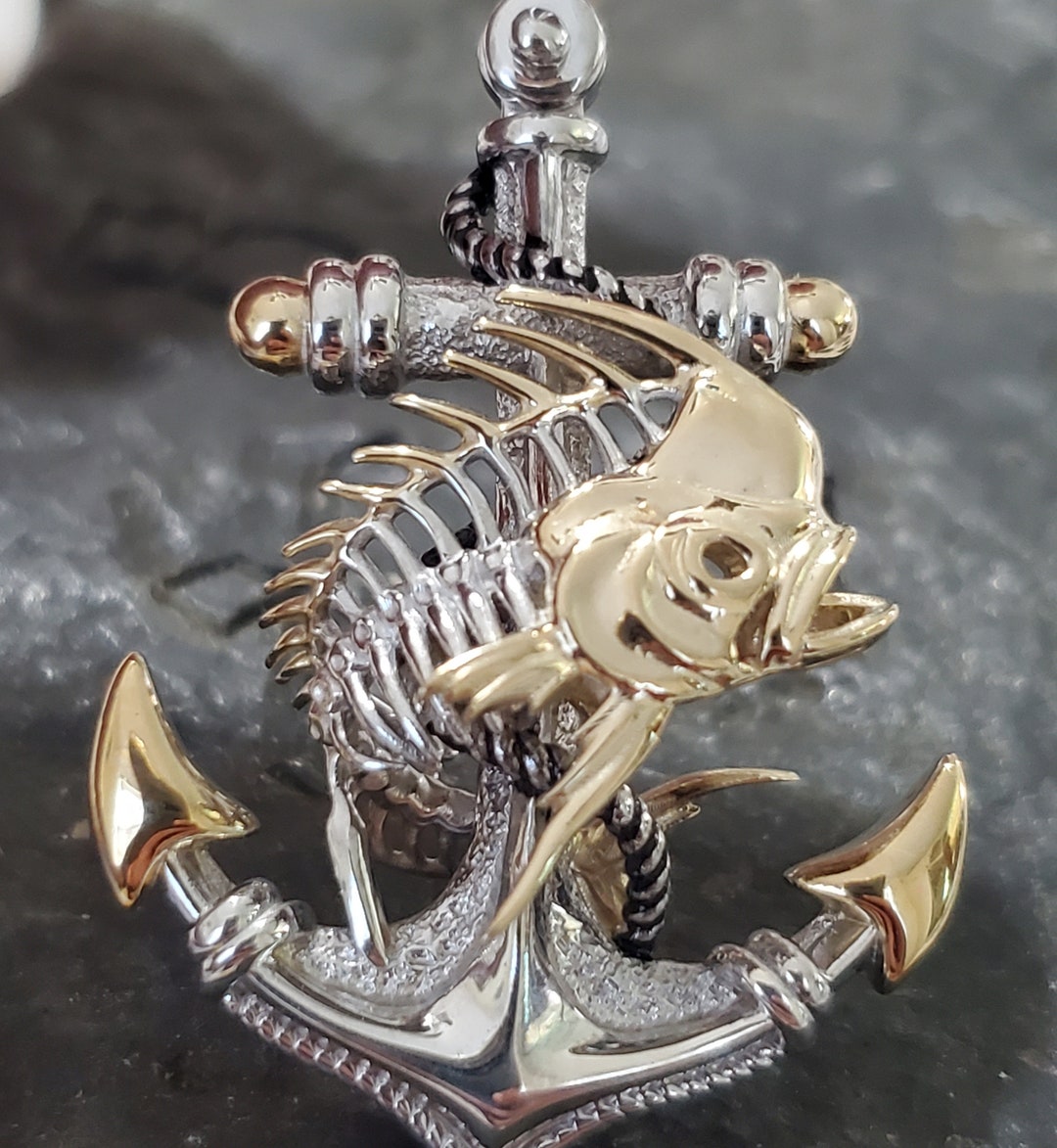 Skeleton Mahi Mahi on Anchor Pendant Sterling Silver 14kt Gold Overlay ...