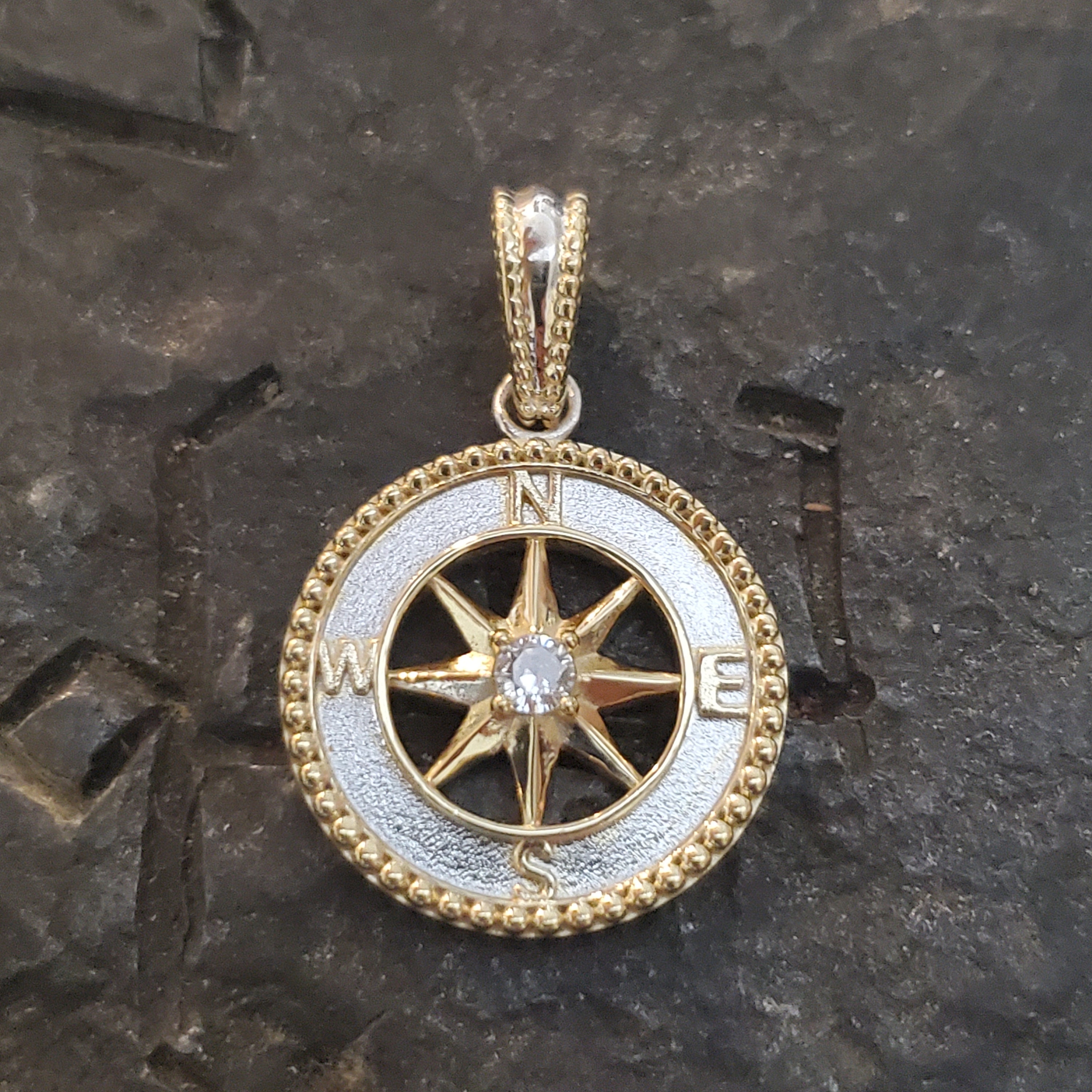 Sterling Silver and 14kt Gold Overlay Compass Pendant With White ...