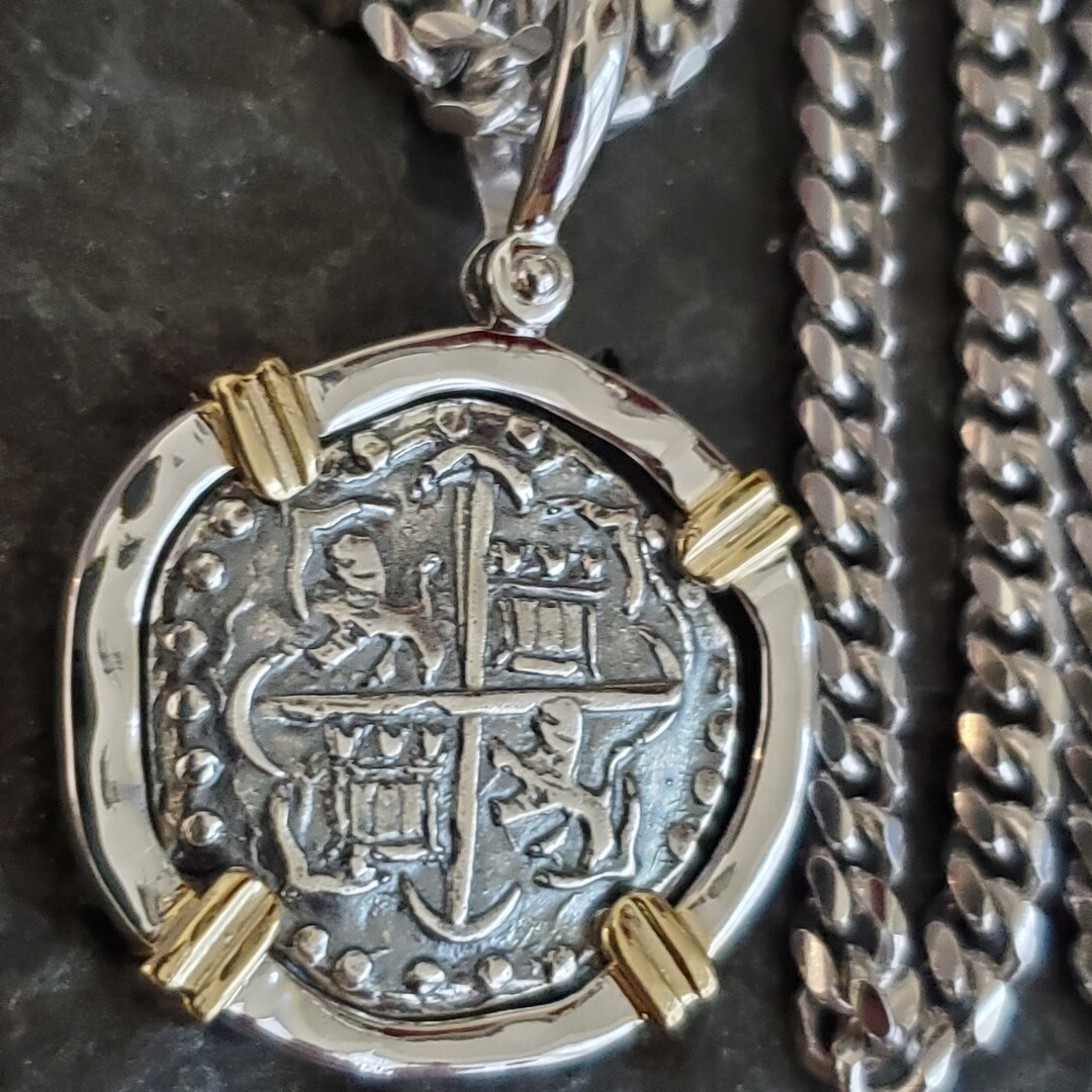 Atocha Silver Two Tone Coin With Sterling Silver Cuban Curb Chain ...