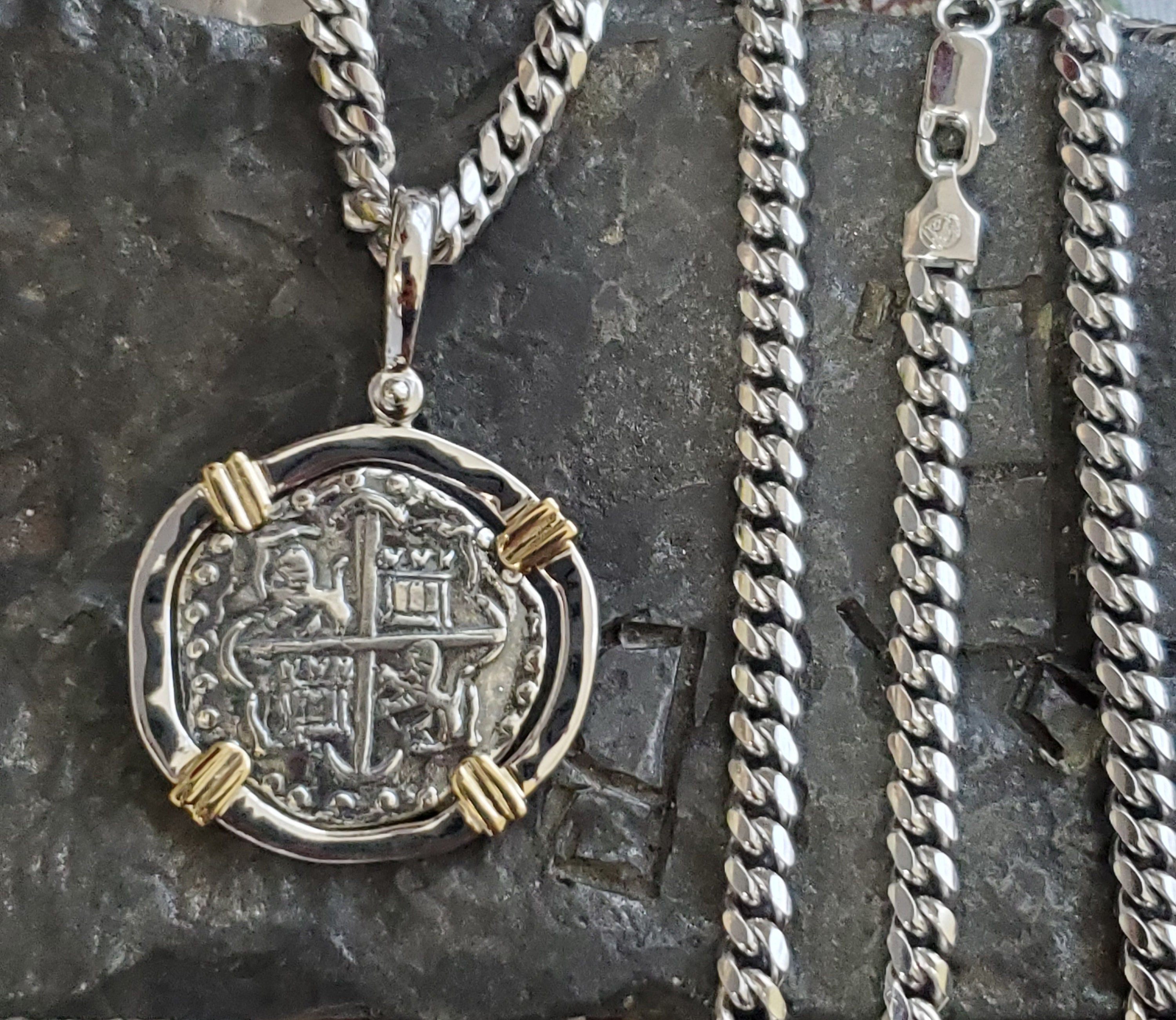 Atocha Silver Two Tone Coin With Sterling Silver Cuban Curb Chain ...