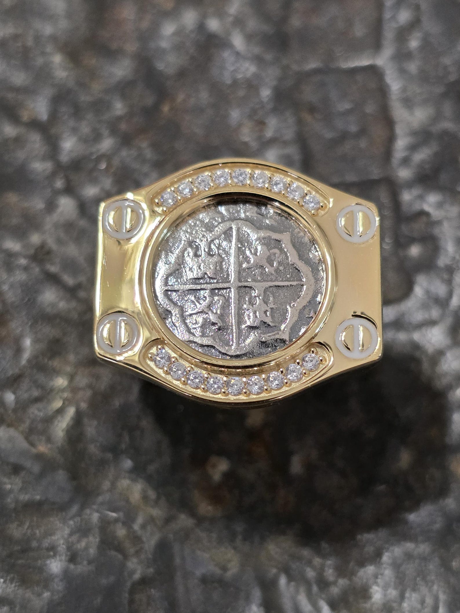 Atocha Shipwreck Silver Coin Ring, 14kt Gold Vermeil, White Sapphires ...