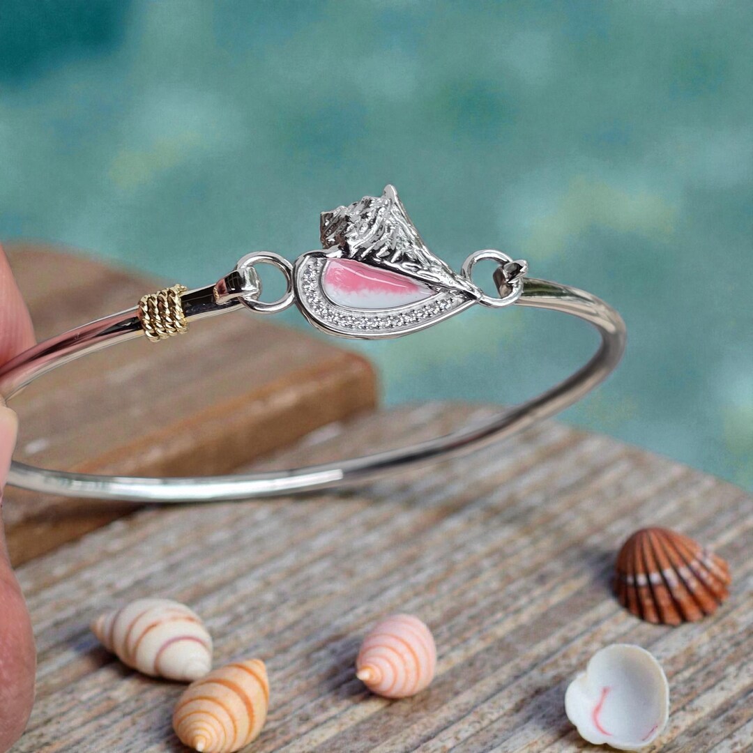 Conch Hook Bangle Bracelet Sterling Silver and Pink Enamel - Etsy