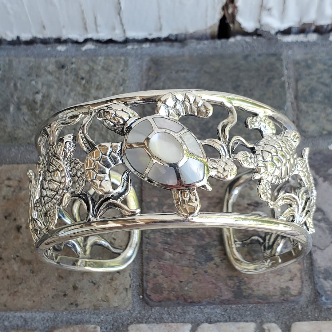 Sterling Silver Turtle Cuff Bracelet, White Mother of Pearl Inlay - Etsy