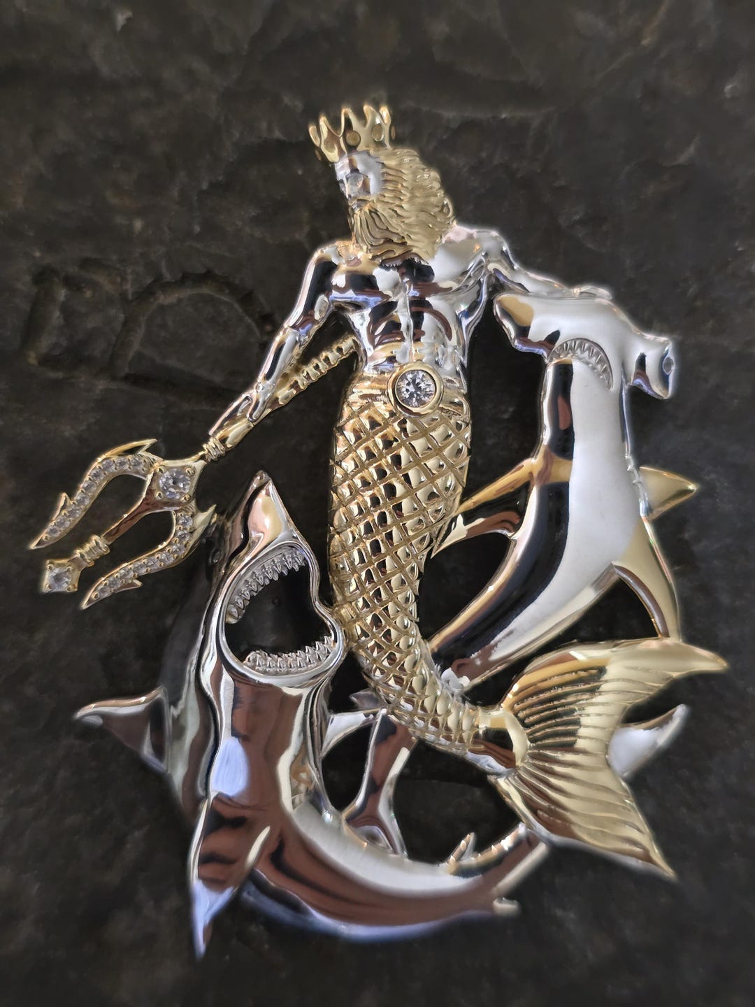 King Neptune Sapphire Trident Pendant, Two-tone Shark Merman Jewelry - Etsy