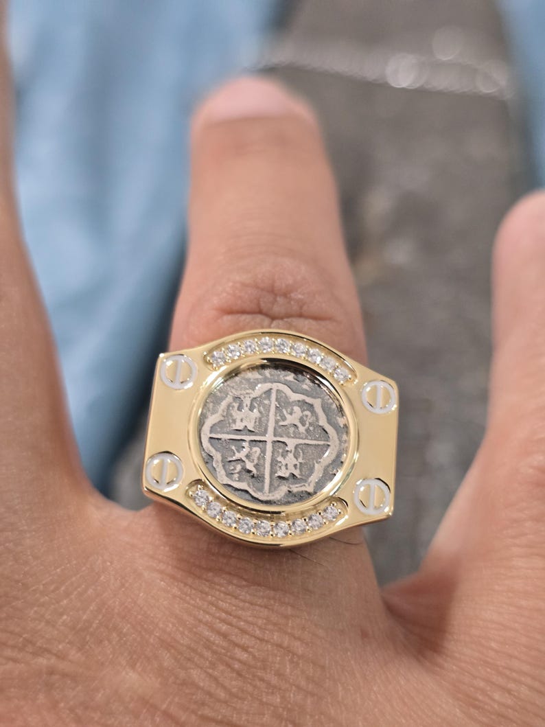 Atocha Shipwreck Silver Coin Ring, 14kt Gold Vermeil, White Sapphires ...