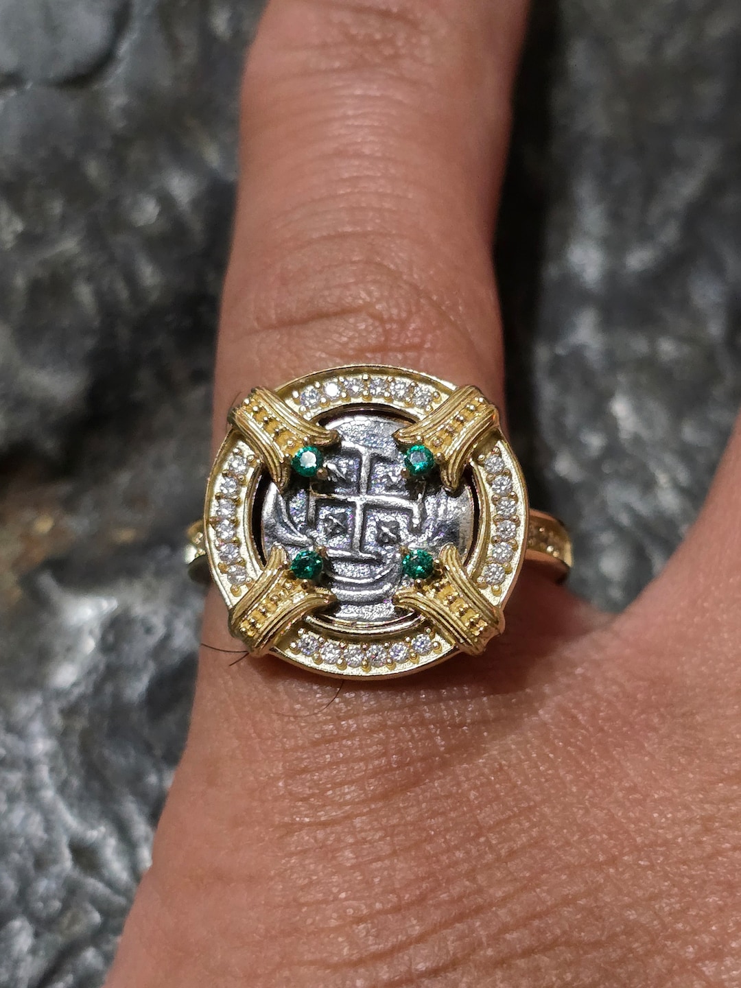 Atocha Coin 14kt Gold Overlay Ladies Ring White Sapphire and Green ...
