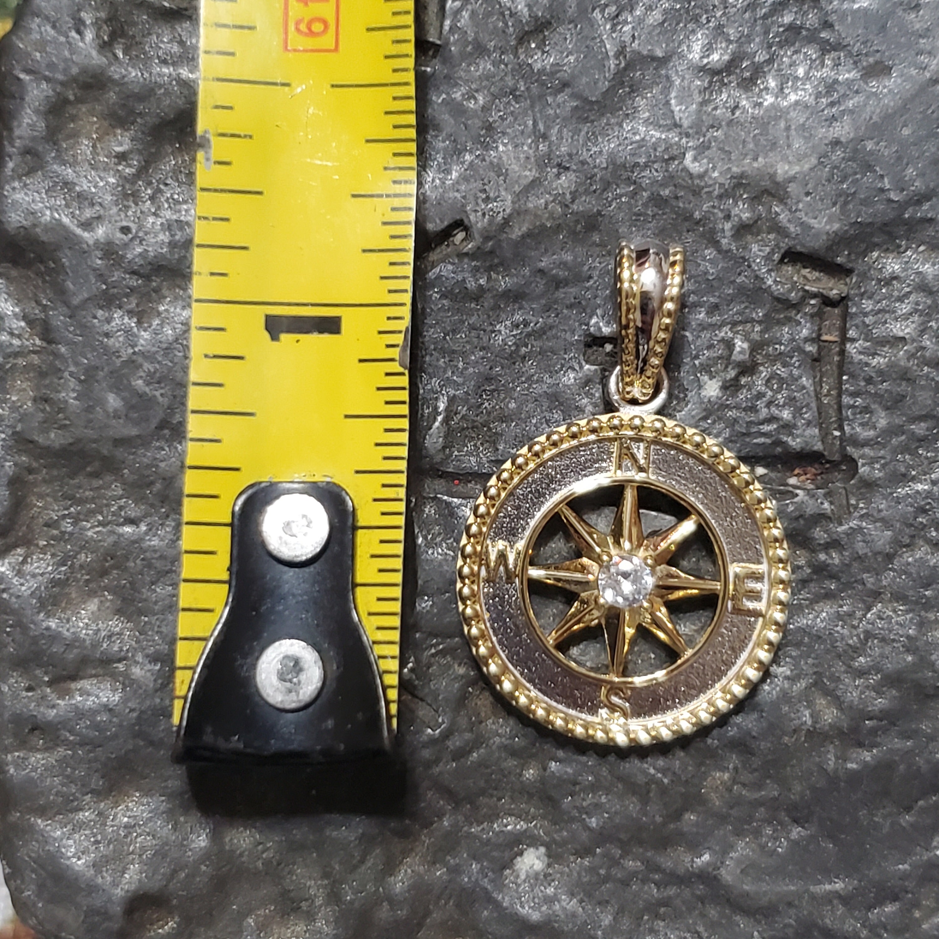 Sterling Silver and 14kt Gold Overlay Compass Pendant With White ...