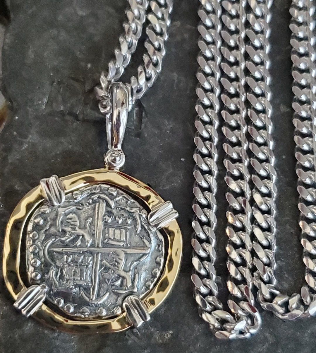 Atocha Silver Two Tone Coin With Stainless Steel Cuban Curb Chain ...