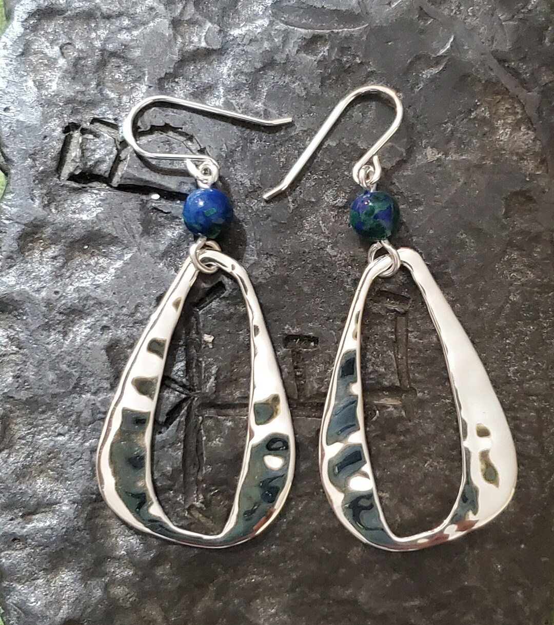 Sterling Silver Hammered Earrings With Azurite - Etsy