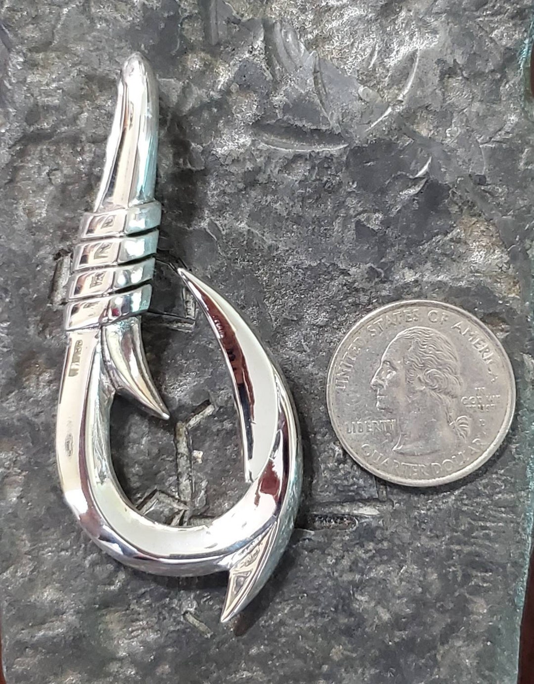 XL Large Powerful Sterling Silver Fish Hook Heavy Pendant Statement ...