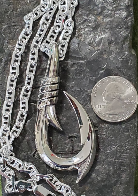 Large Powerful Sterling Silver Fish Hook Pendant With Anchor - Etsy