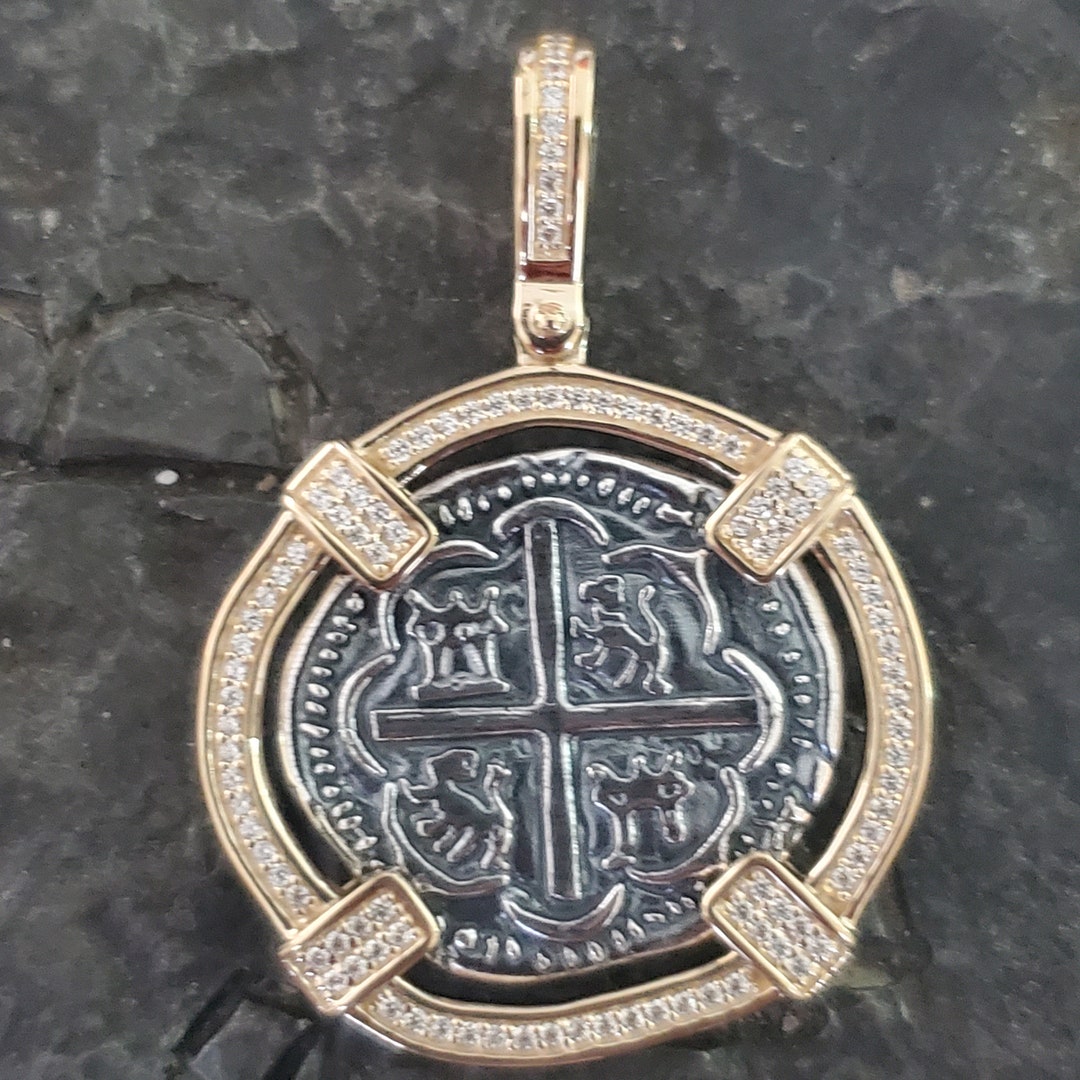 Atocha Silver Coin With 14kt Gold Overlay Bezel and White Topaz Micro ...