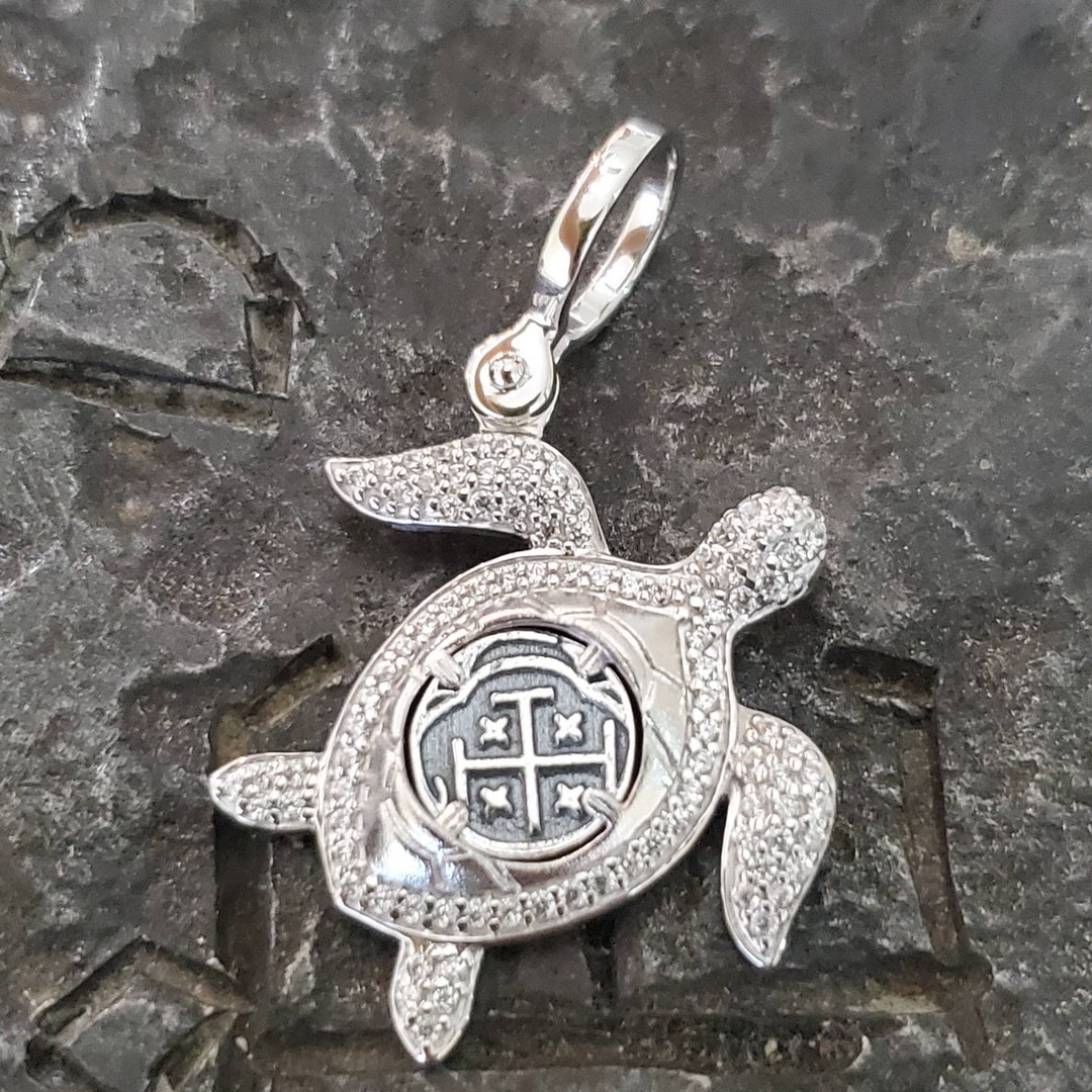 Atocha Shipwreck Silver Coin Turtle Pendant: White Topaz Sterling ...