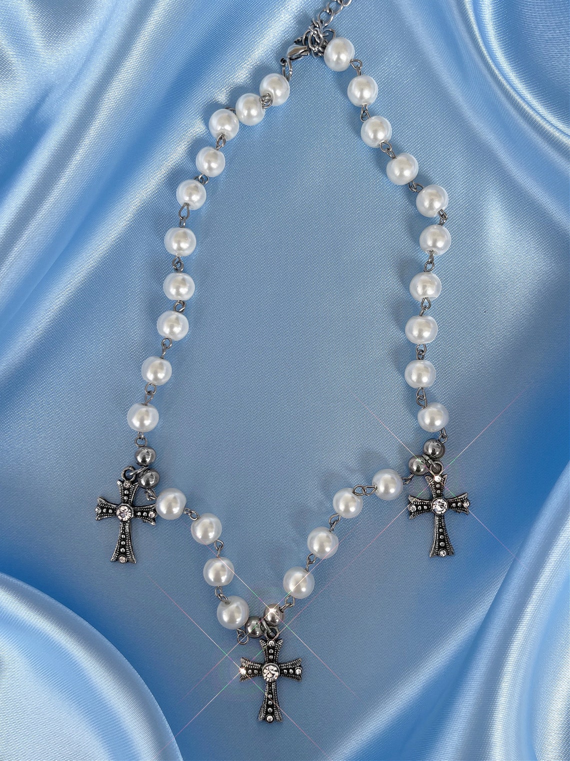 Silver saint Cross Pearl Necklace - Etsy