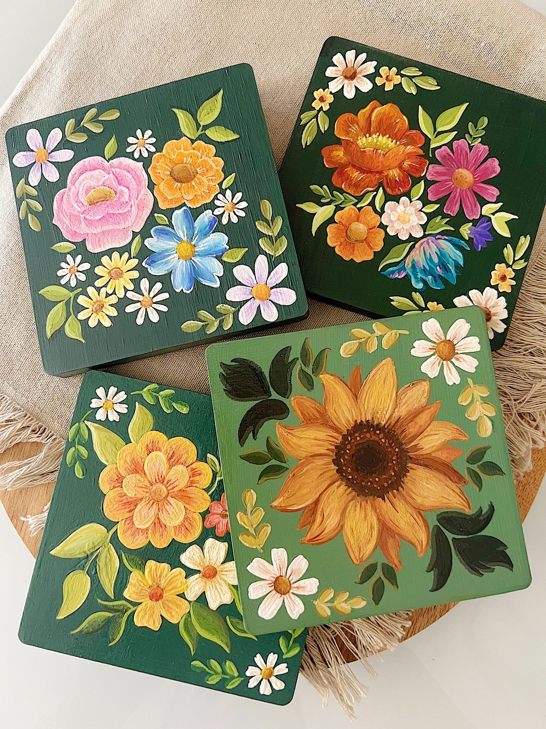 Painted Wooden Coaster Set - Etsy