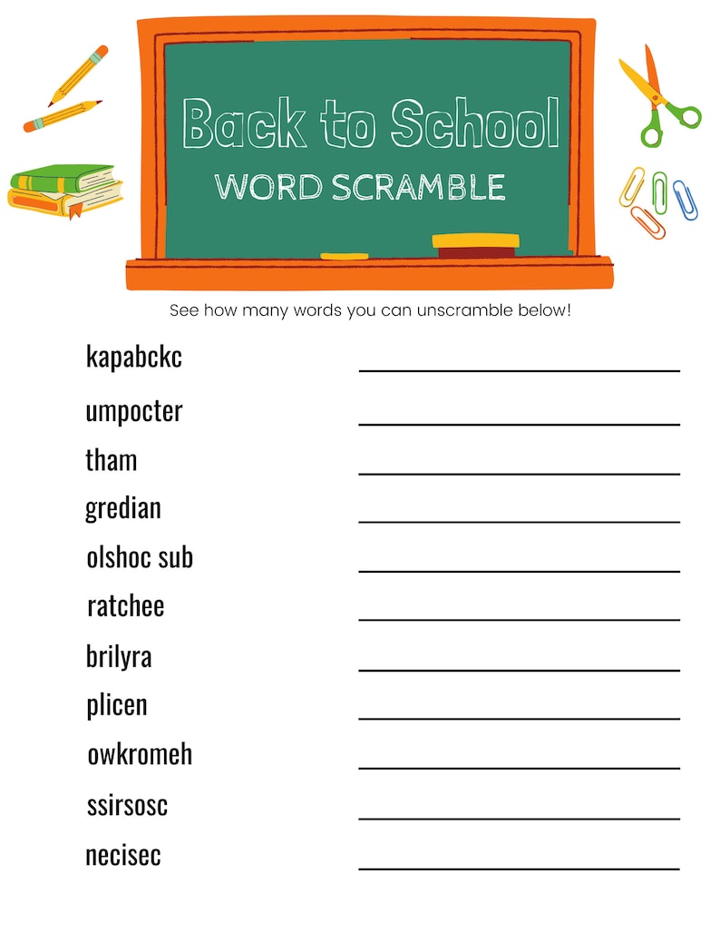 Back to School Word Scramble - Fun Game for Kids/students - Answer Key ...