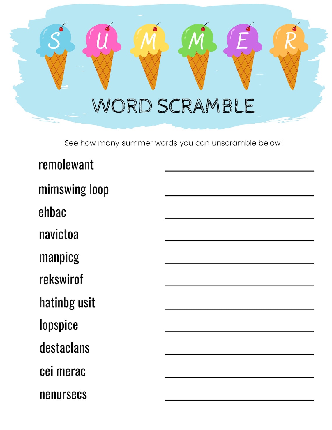Summer Word Scramble - Fun Game for Kids & Teens - Answer Key Included ...