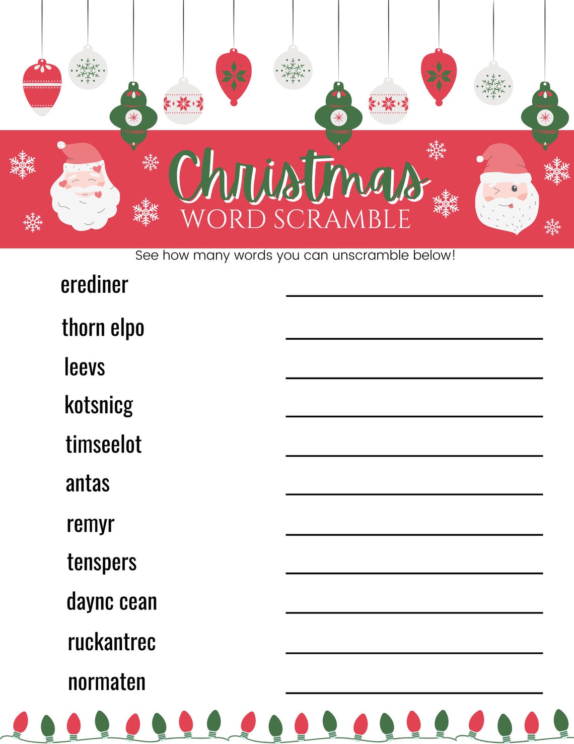 Christmas Word Scramble - Holiday Activity for Kids and Adults - Answer ...