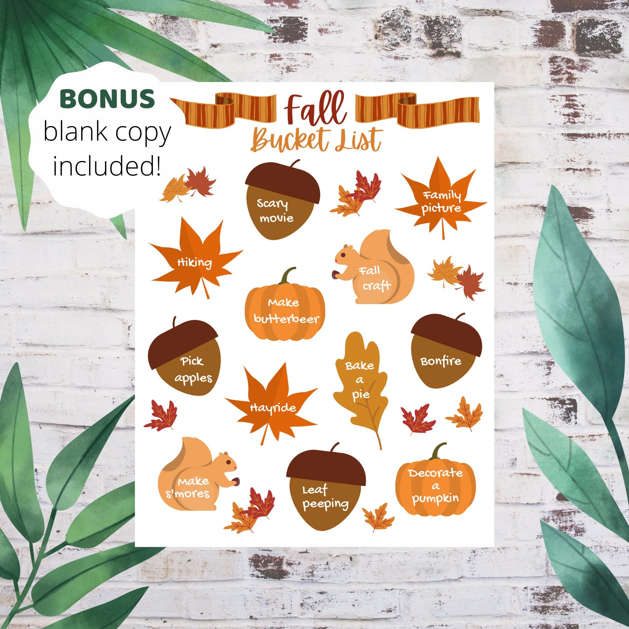 Fall Bucket List Printable BONUS Blank Copy Included Autumn Bucket List ...