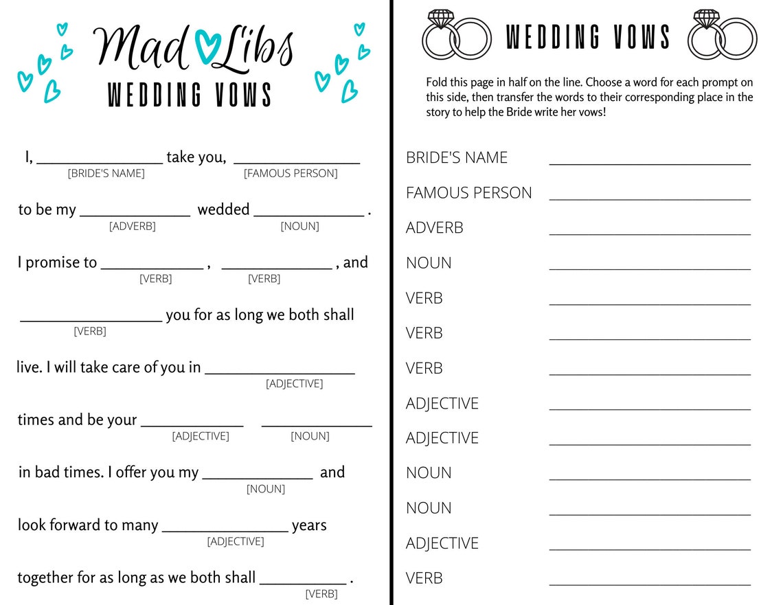 Wedding Vow Mad Libs - Bridal Shower or Bachelorette Party Game ...