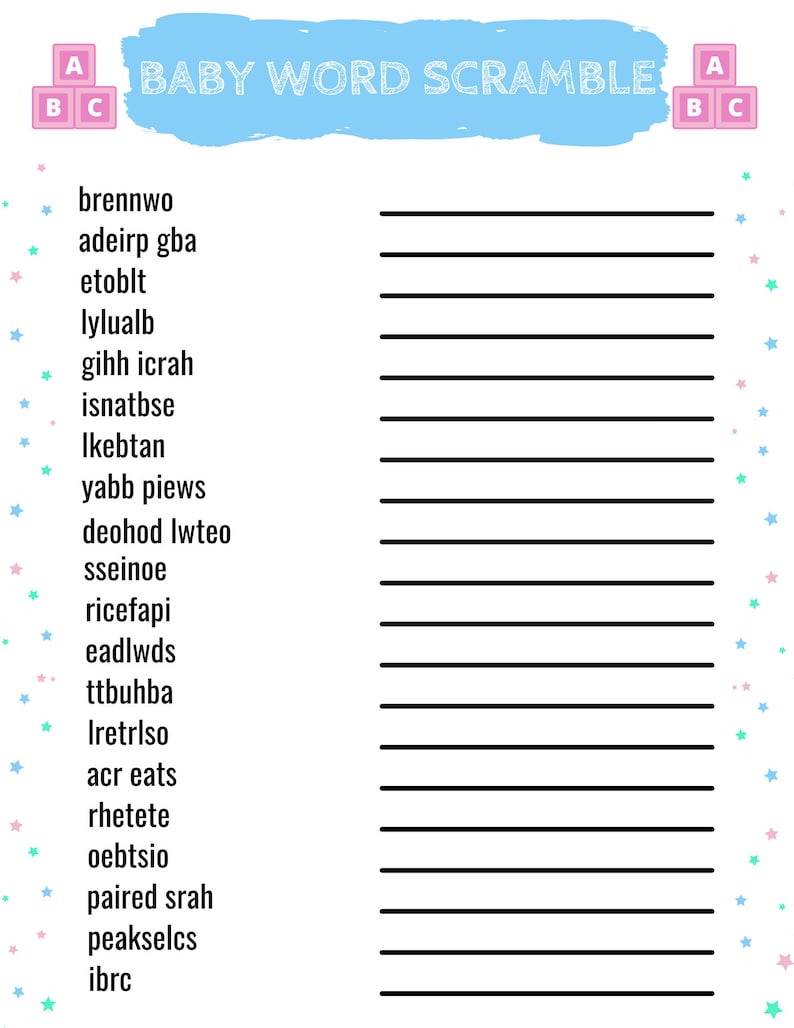 Baby Word Scramble - Fun Game for Baby Showers - Answer Key Included ...