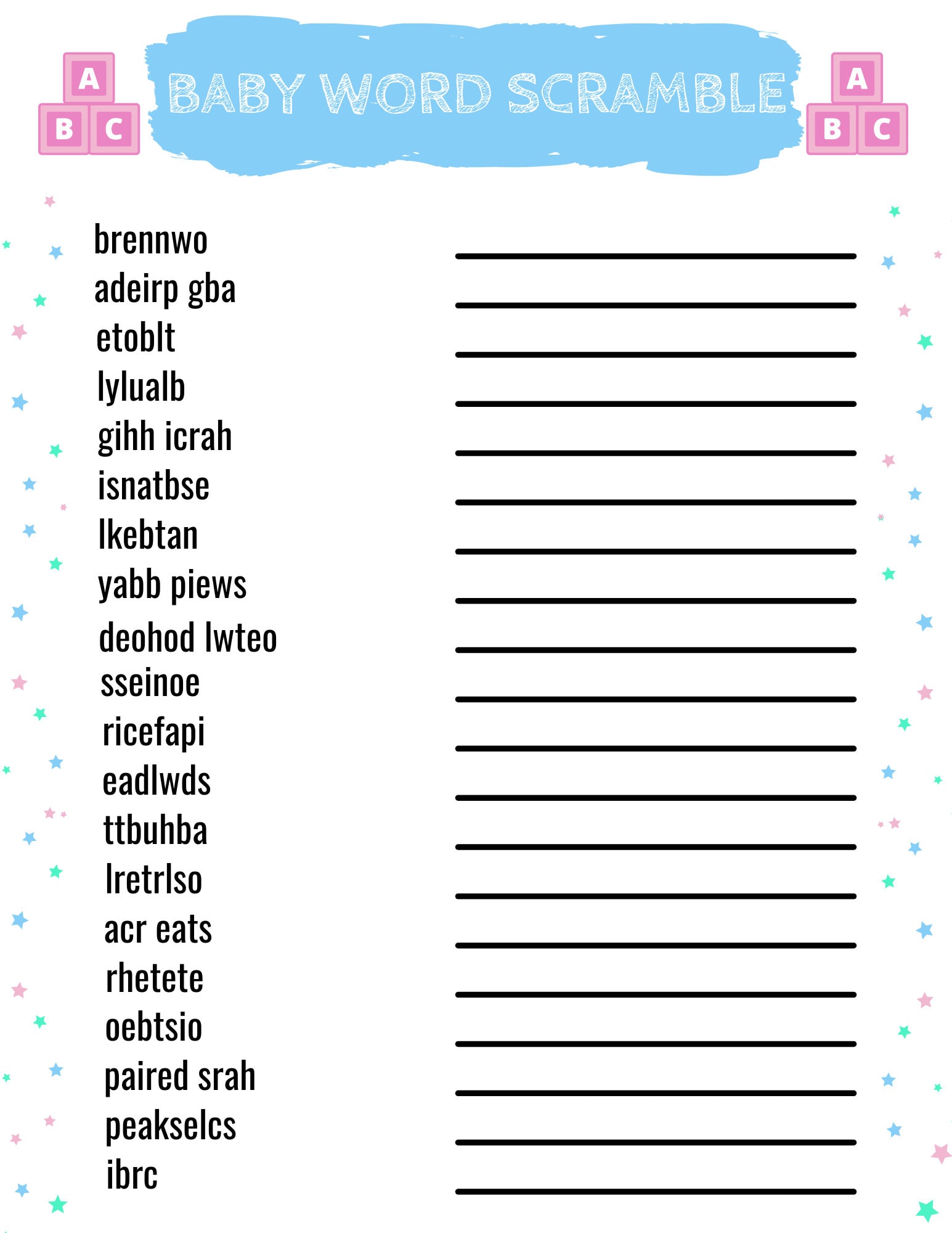 Baby Word Scramble - Fun Game for Baby Showers - Answer Key Included ...