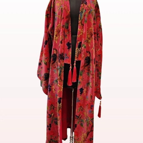 OFMD Pink Bird Velvet Banyan Fabric Kimono Cotton Velvet Robe - Etsy