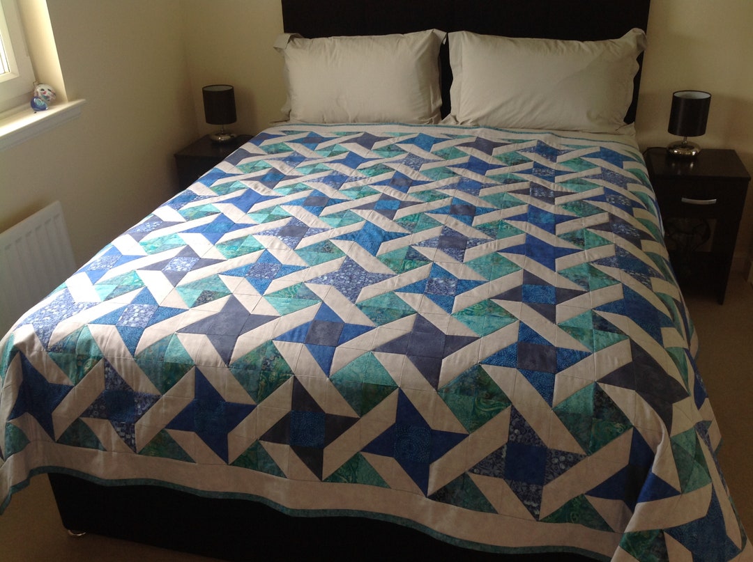 Large Handmade Patchwork Quilt Blues and Turquoise - Etsy UK