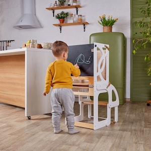 Convertible Toddler Tower Table 7 in 1 With Seatback, Toddler Kitchen ...