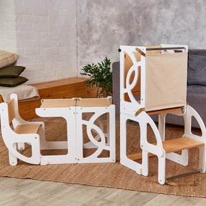 Convertible Toddler Tower Table 7 in 1 With Seatback, Toddler Kitchen ...