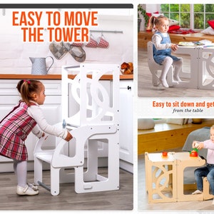 Natural Convertible Toddler Tower & Table WITH BACK, Toddler Kitchen ...