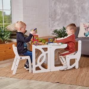 Convertible Toddler Tower Table 7 in 1 With Seatback, Toddler Kitchen ...