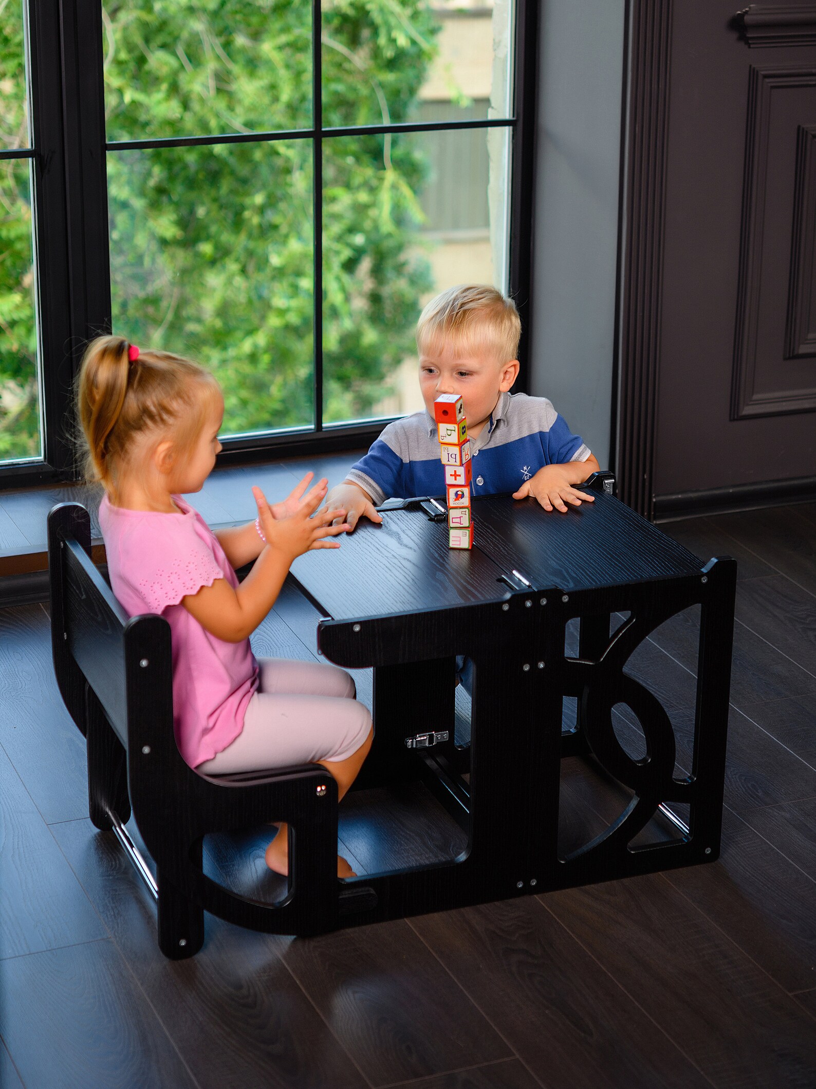 Natural Convertible Toddler Tower & Table WITH BACK, Toddler Kitchen ...