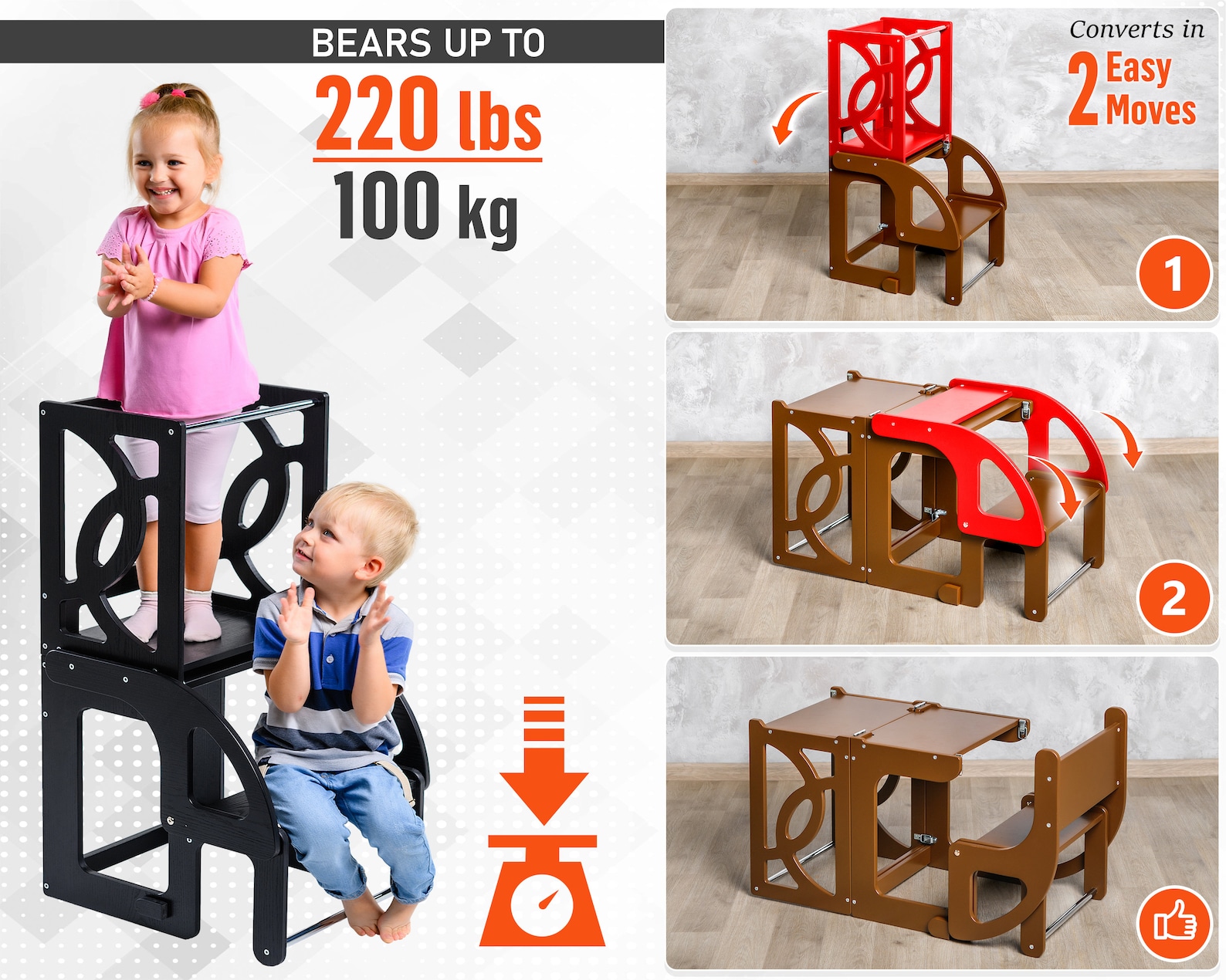Natural Convertible Toddler Tower & Table WITH BACK, Toddler Kitchen ...